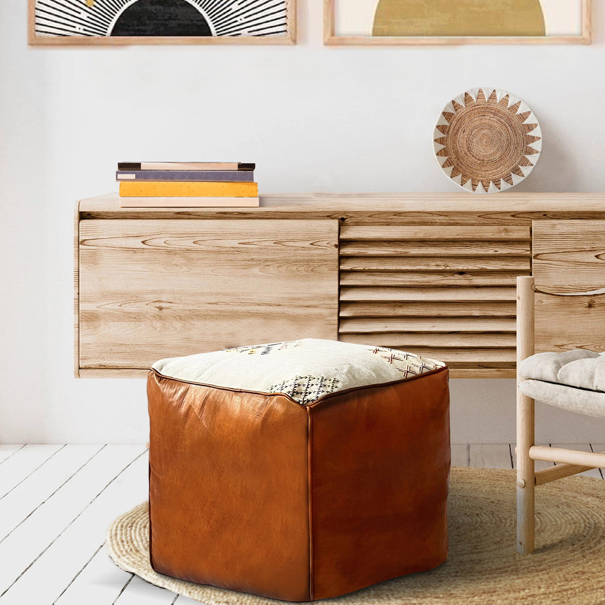 Stuffed Brown Leather and White Cactus Silk Rug Moroccan design Ottoma ...